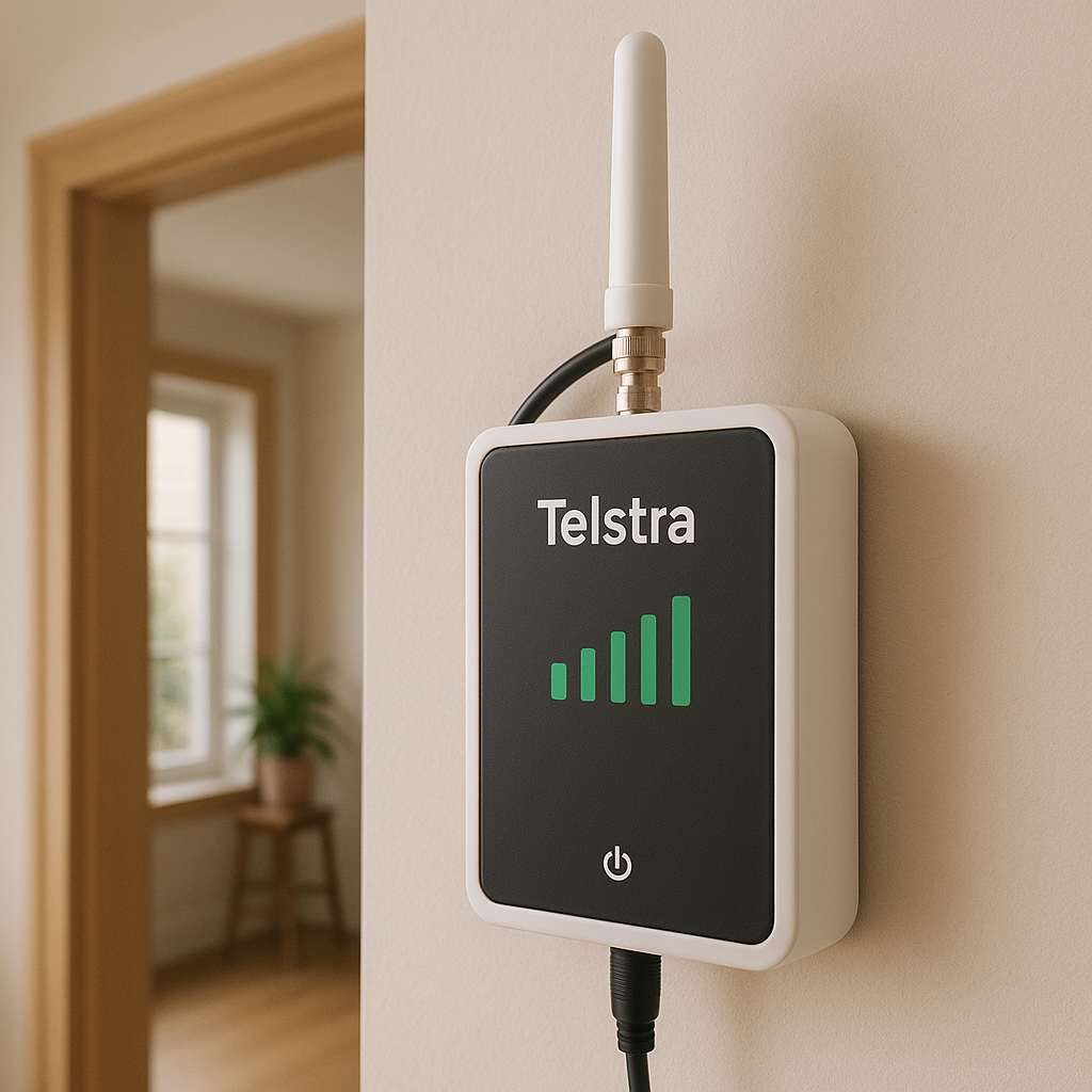 A Telstra mobile signal booster installed indoors to improve weak ...