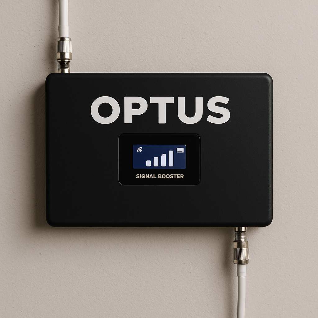 An Optus mobile reception booster mounted on a wall, improving indoor ...